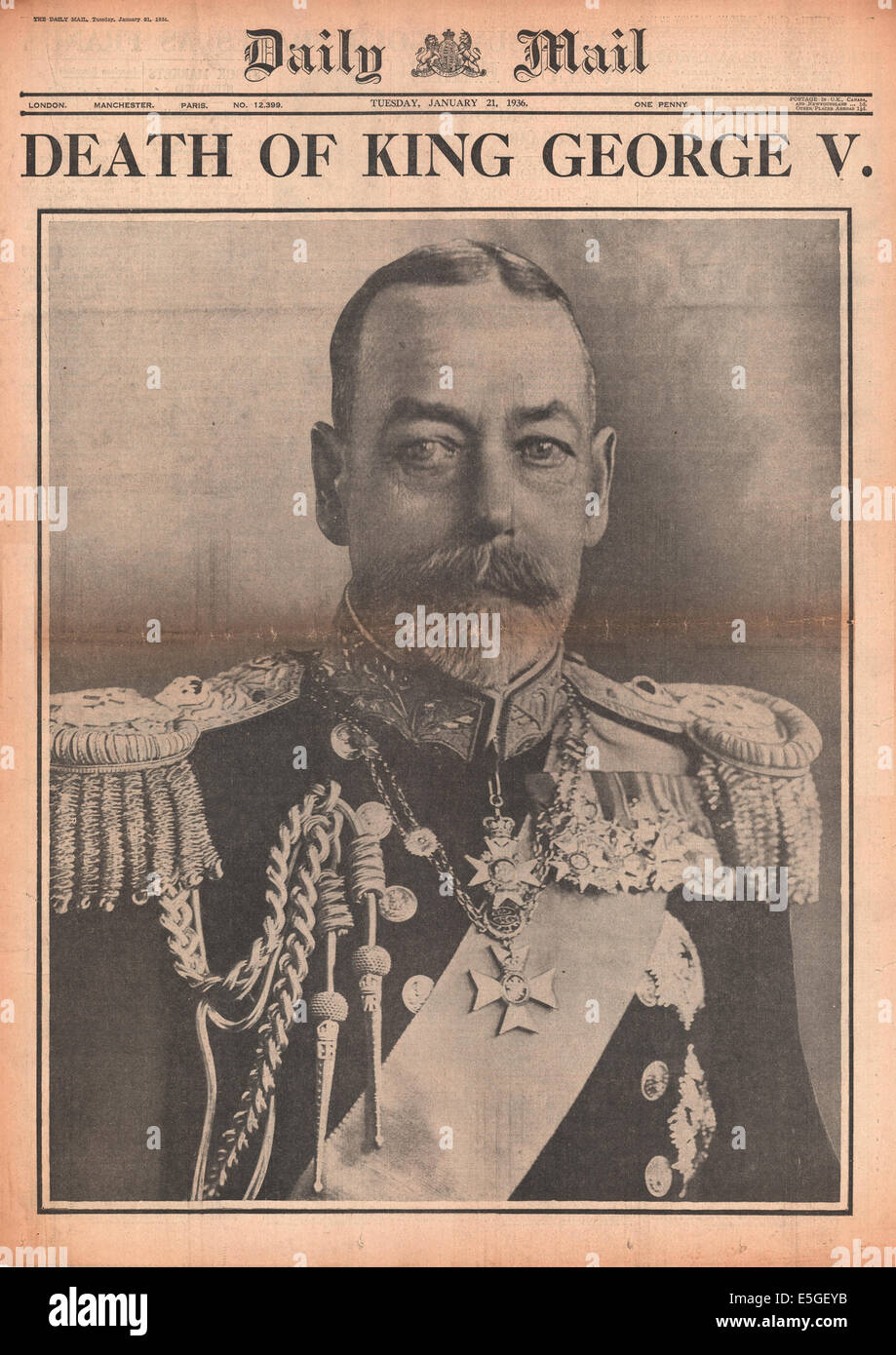 1936 Daily Mail front page reporting the death of King George V Stock ...