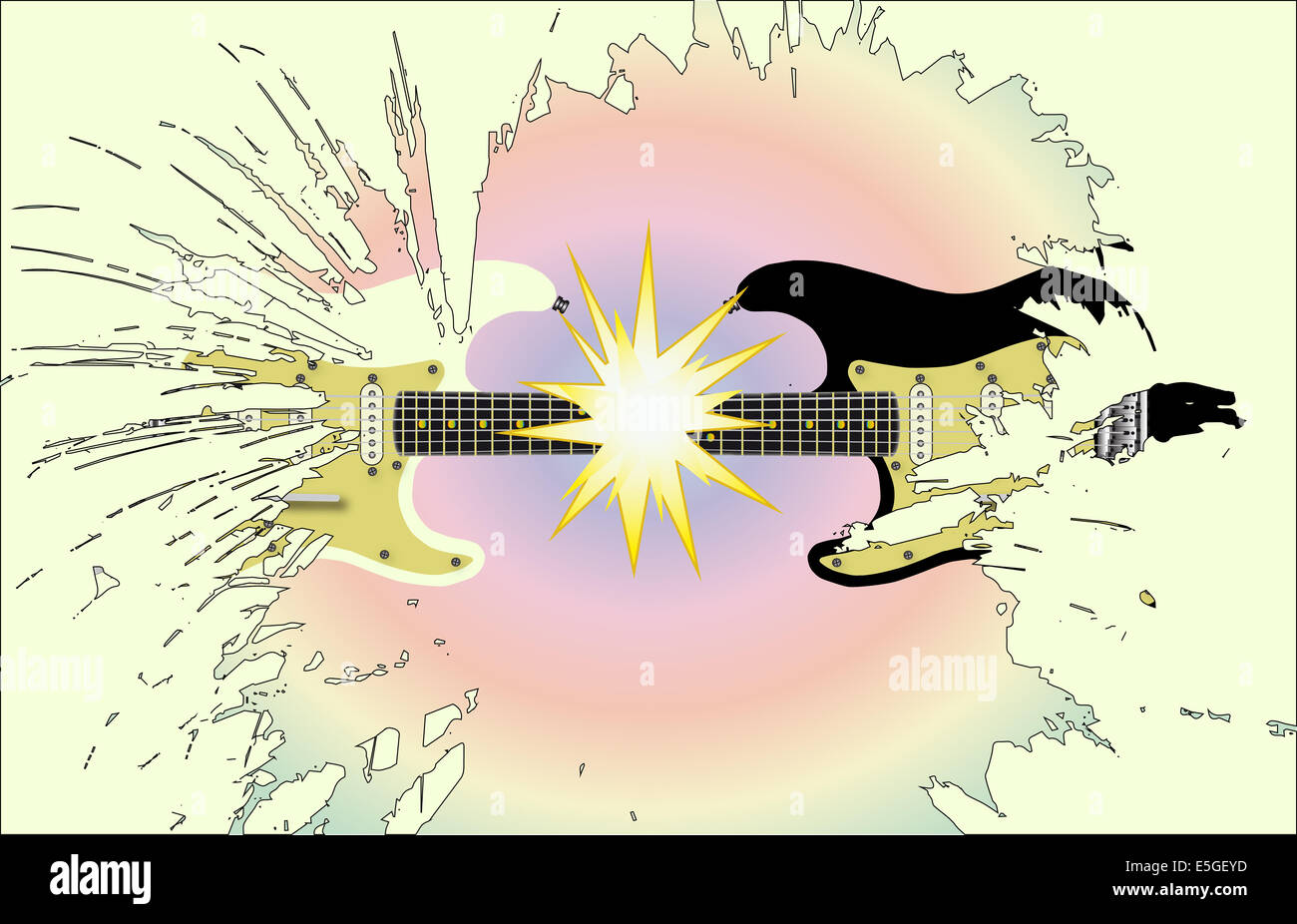 Two guitars exploding against a shattering background Stock Photo - Alamy