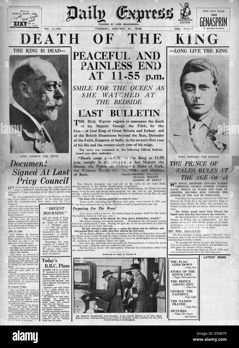1936 Daily Express front page reporting the death of King George V ...