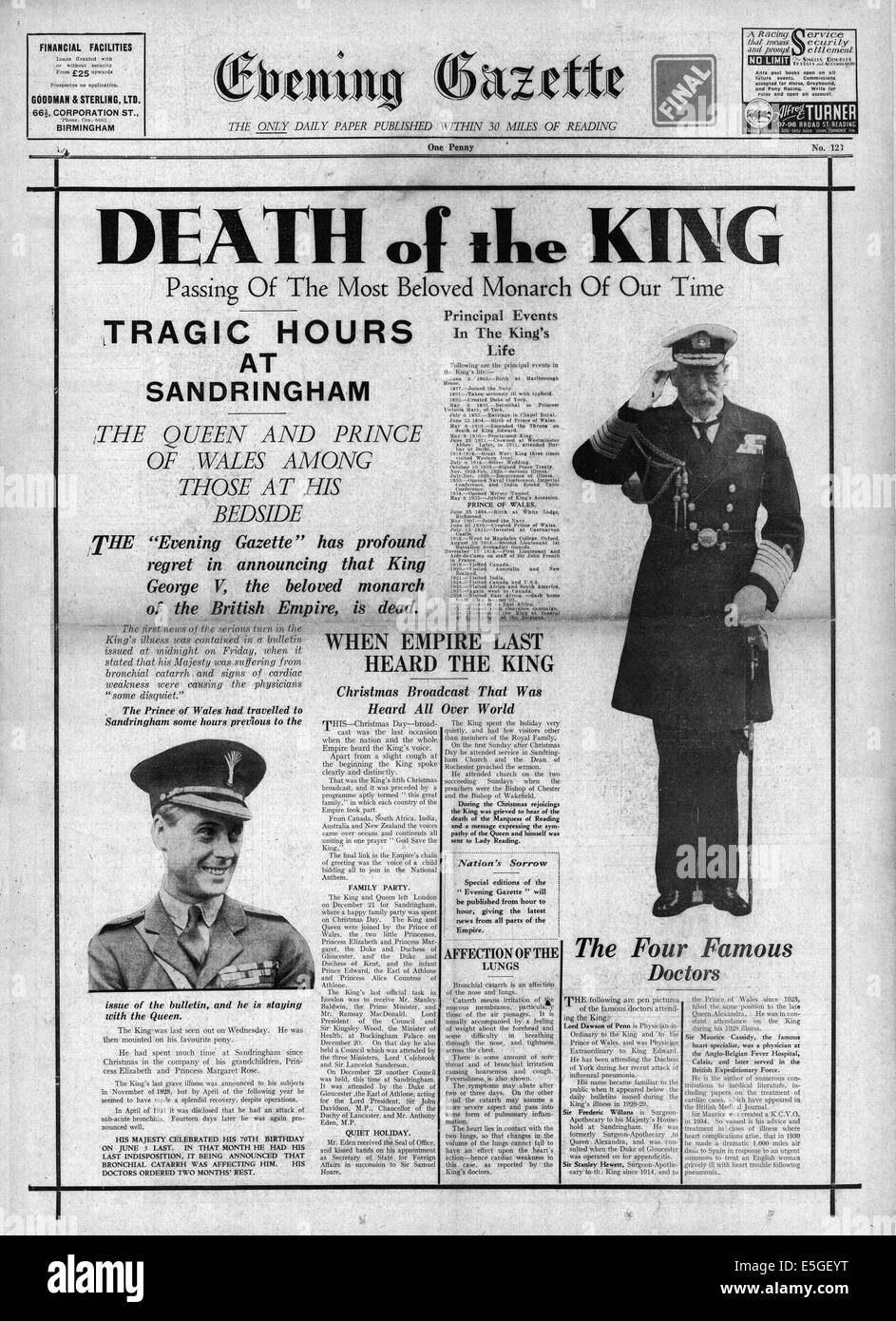 1936 Evening Gazette (Reading) front page reporting the death of King ...