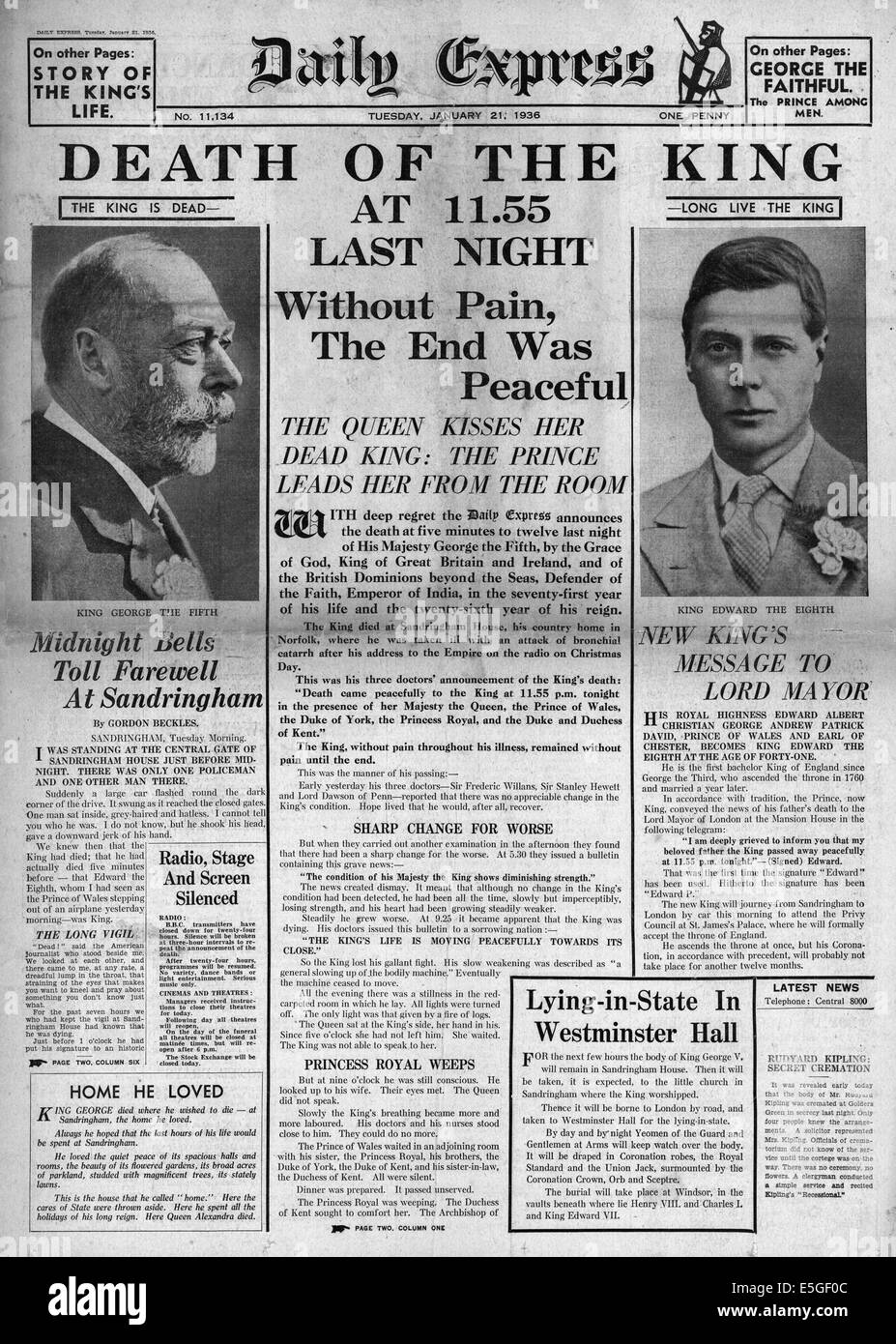 1936 Daily Express 3rd edition front page reporting the death of King ...