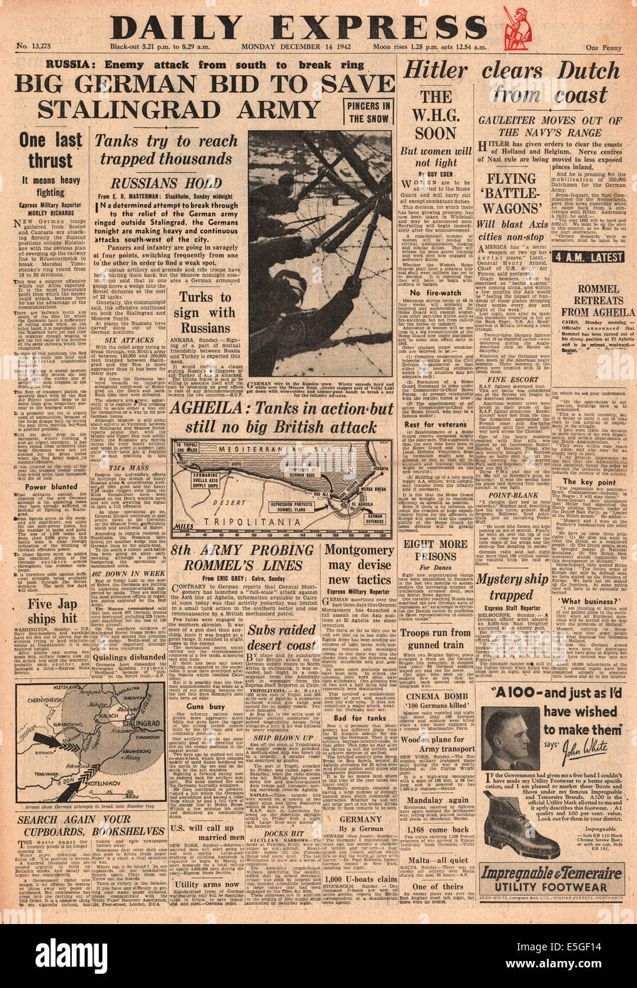 1942 Daily Express front page reporting German Army rescue attempt at ...