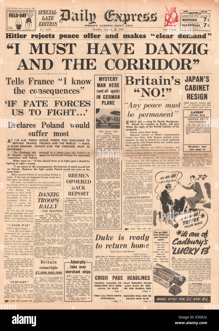 1939 world war two world war 2 newspaper headline hi-res stock ...