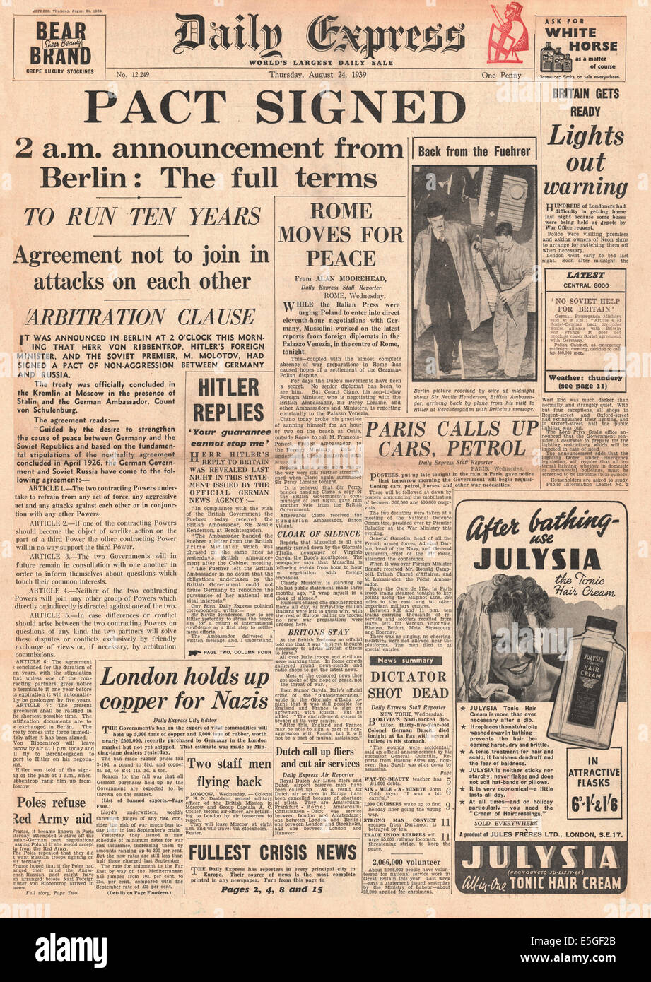1939 Daily Express front page reporting Nazi-Soviet pact signed by ...