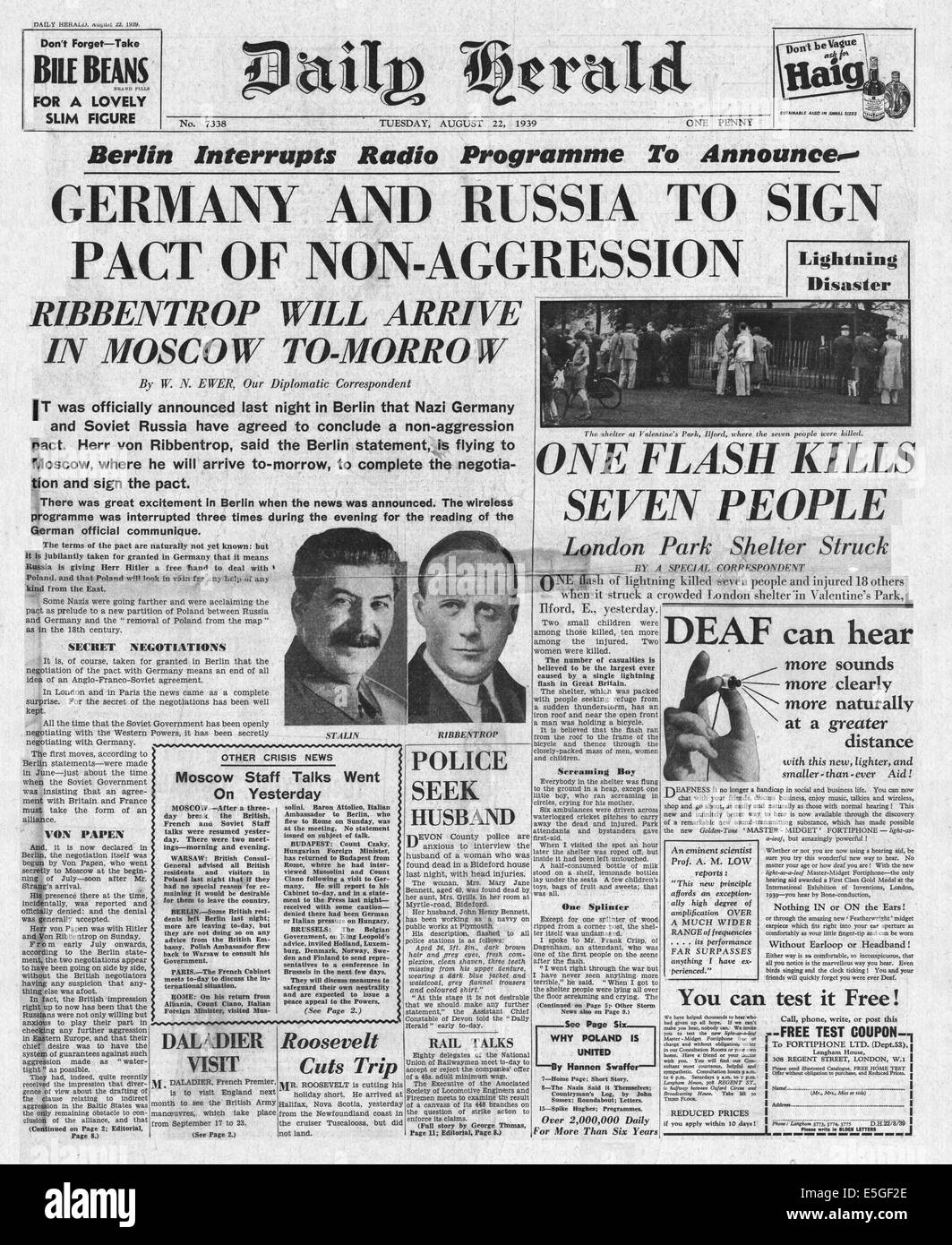 1939 Daily Herald front page reporting Nazi-Soviet pact signed by ...