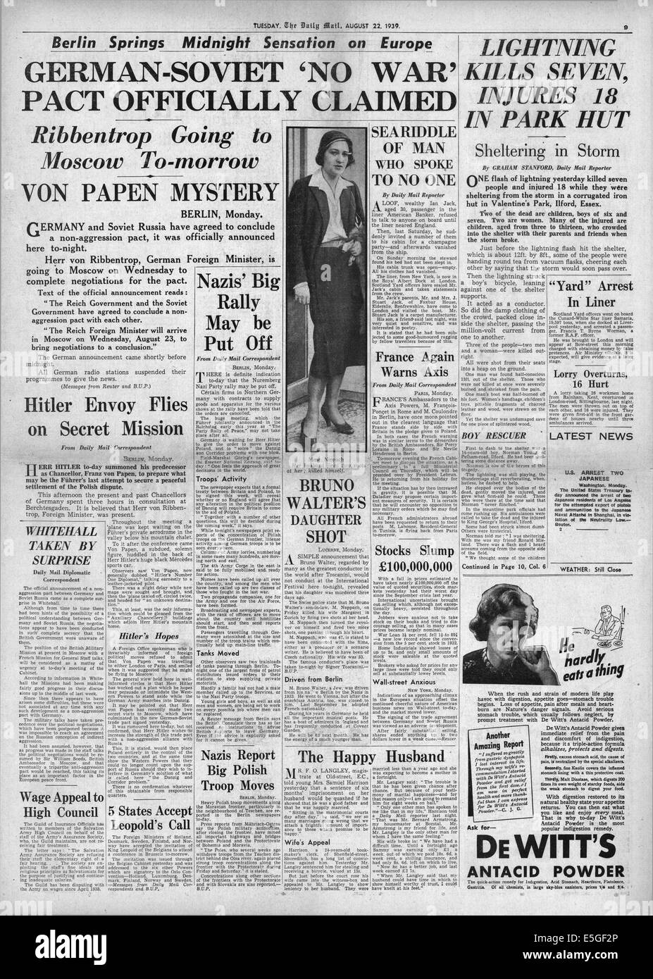1939 Daily Mail front page reporting Nazi-Soviet pact signed by German ...