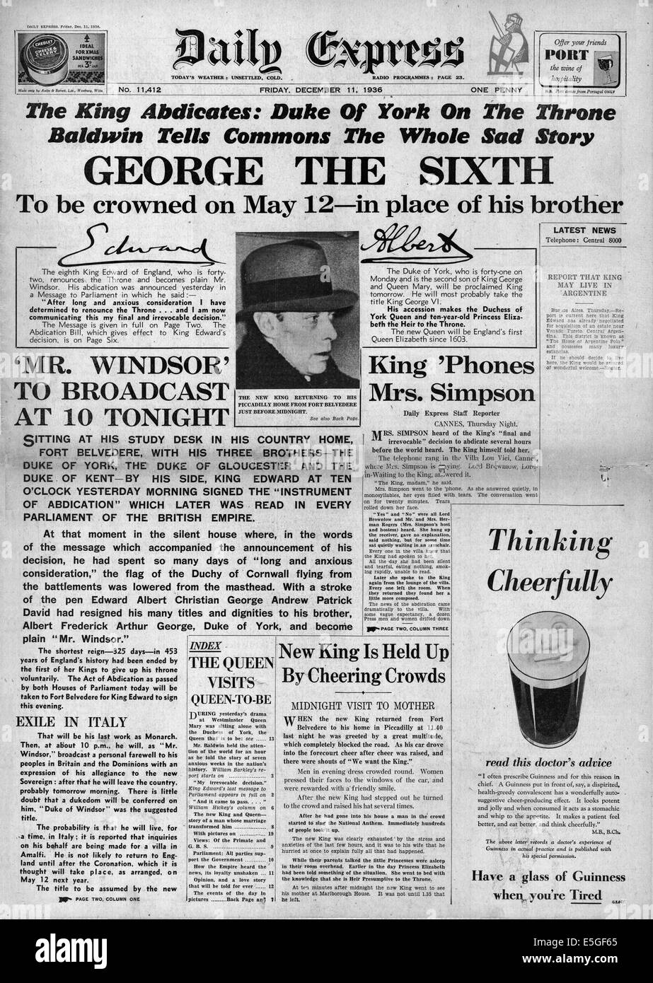 1936 Daily Express front page reporting abdication of King Edward VIII ...