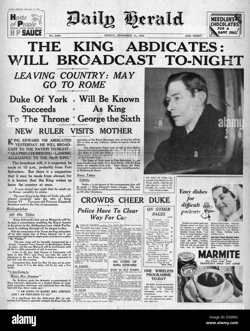 1936 Daily Herald front page reporting abdication of King Edward VIII ...