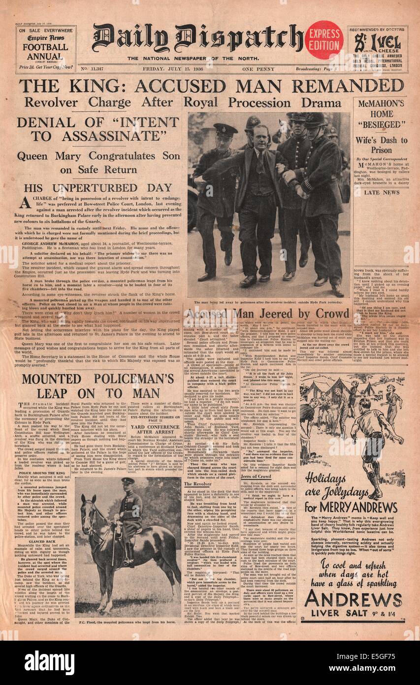 1936 Daily Dispatch[London] front page reporting Attempted assasination ...