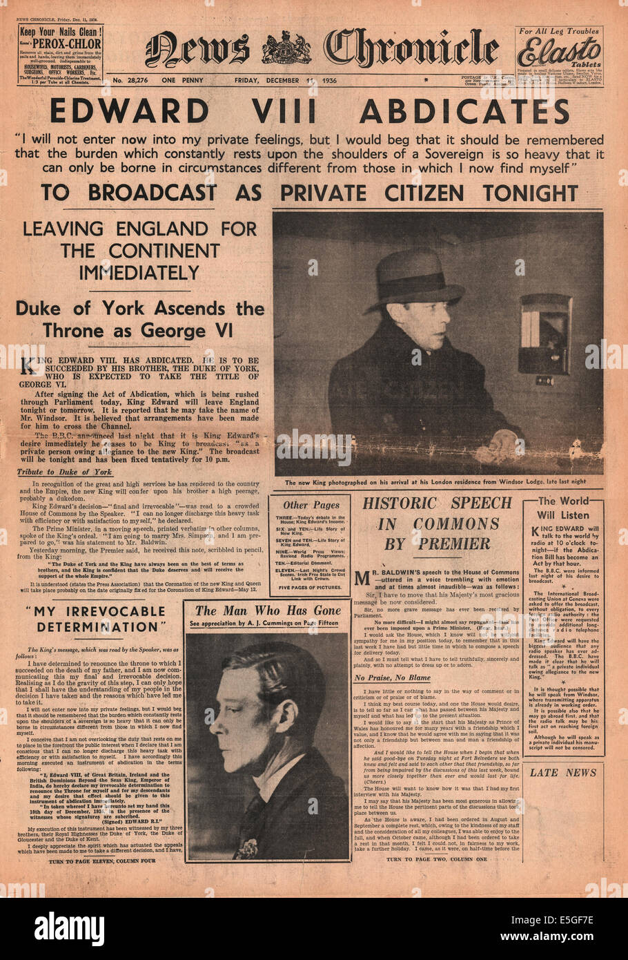 1936 News Chronicle front page reporting abdication of King Edward VIII ...