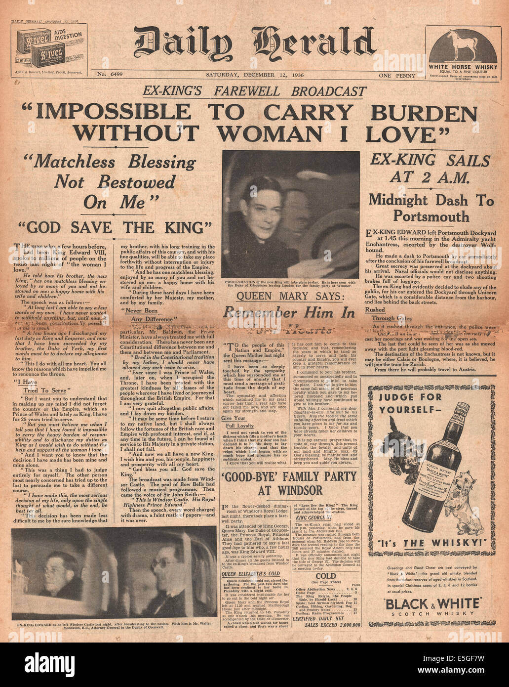 1936 Daily Herald front page reporting abdication of King Edward VIII ...