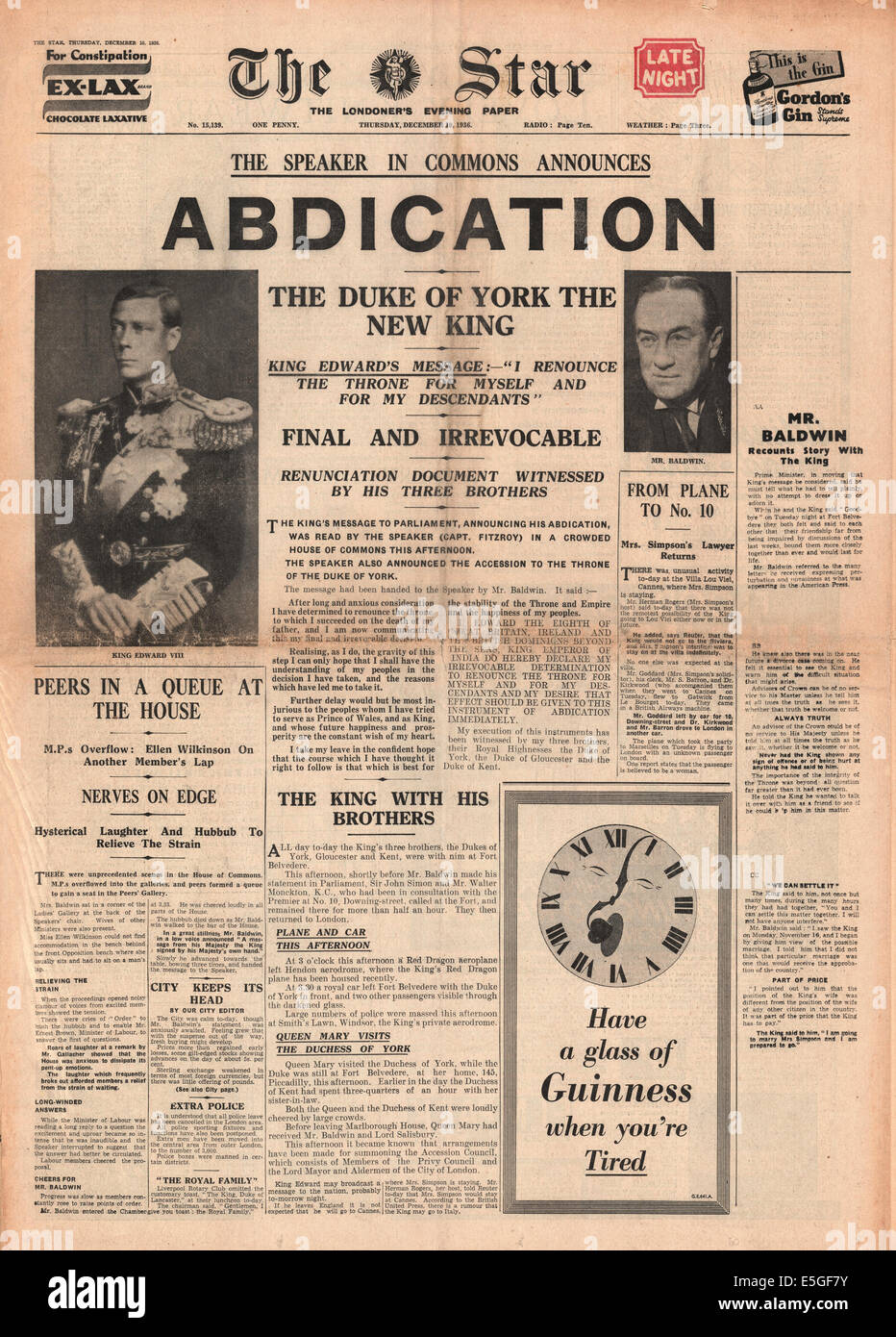 1936 The Star front page reporting abdication of King Edward VIII Stock ...
