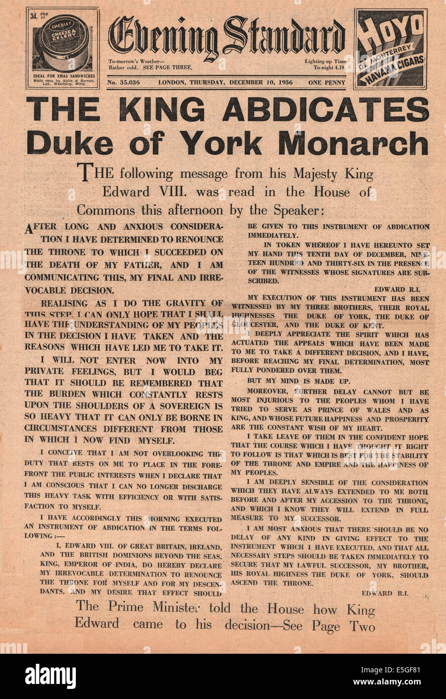 1936 Evening Standard front page reporting abdication of King Edward ...