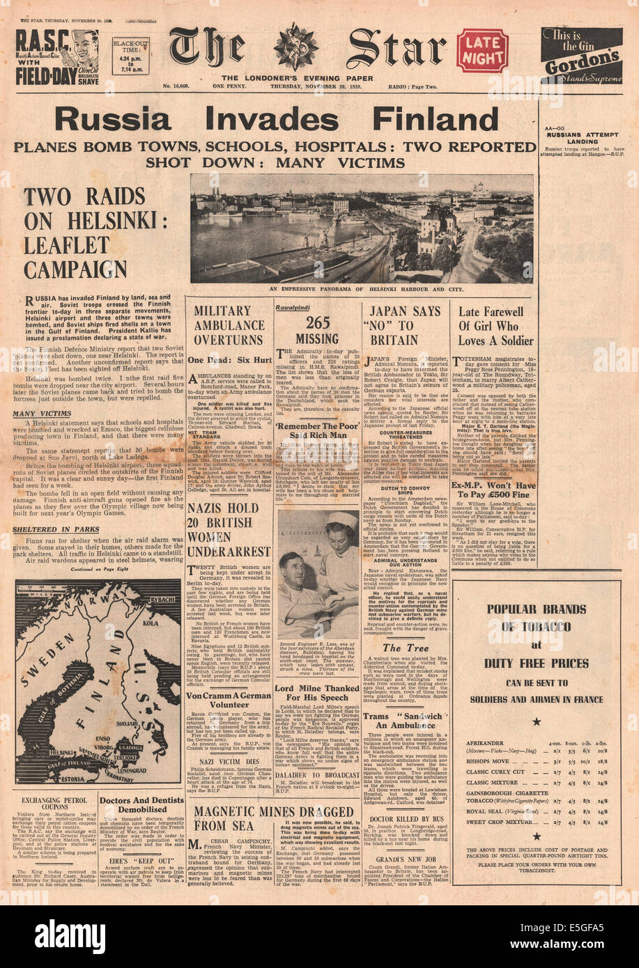 1939 The Star (London) front page reporting Russian invasion of Finland ...