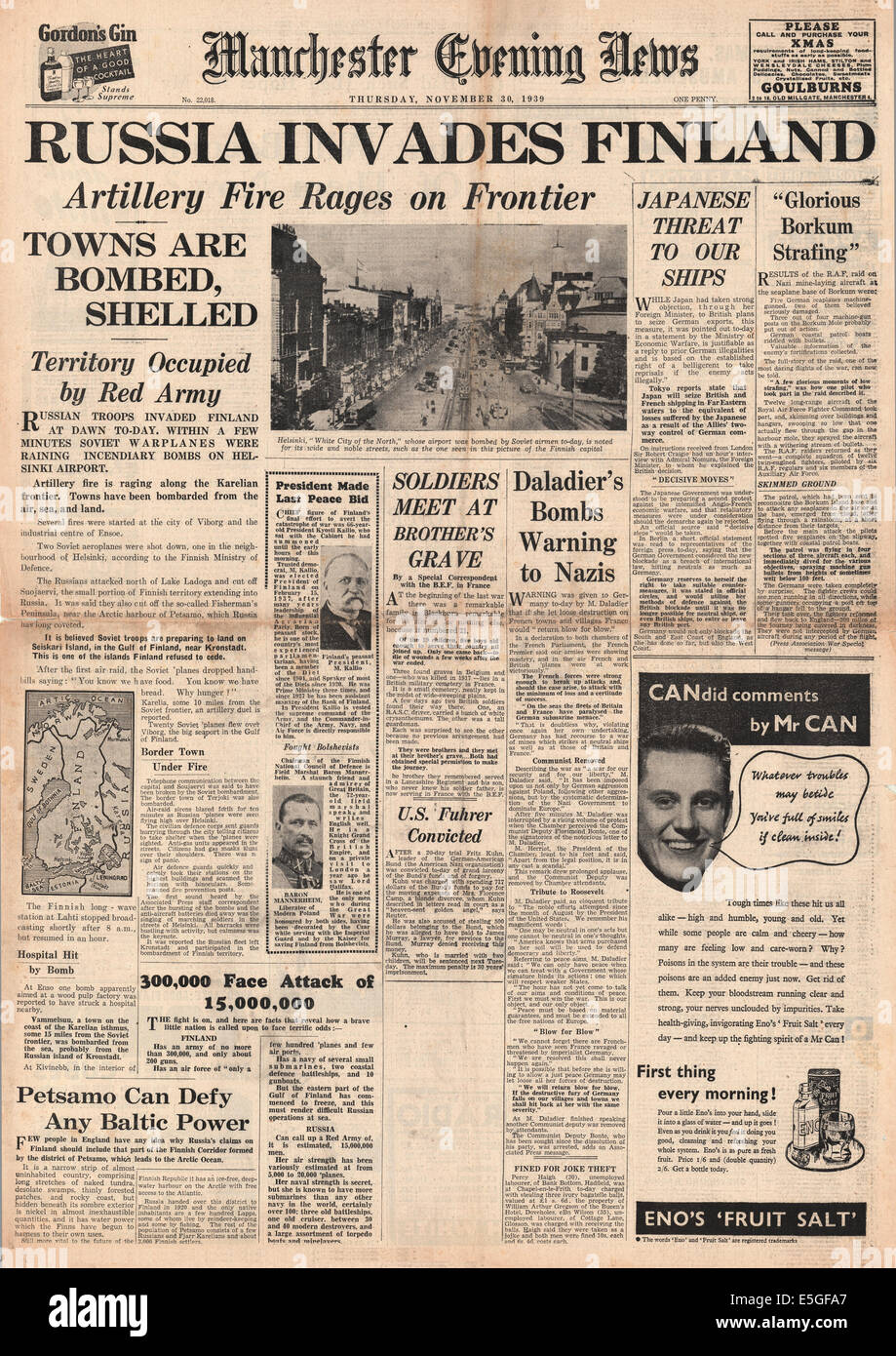 1939 Manchester Evening News front page reporting Russian invasion of ...