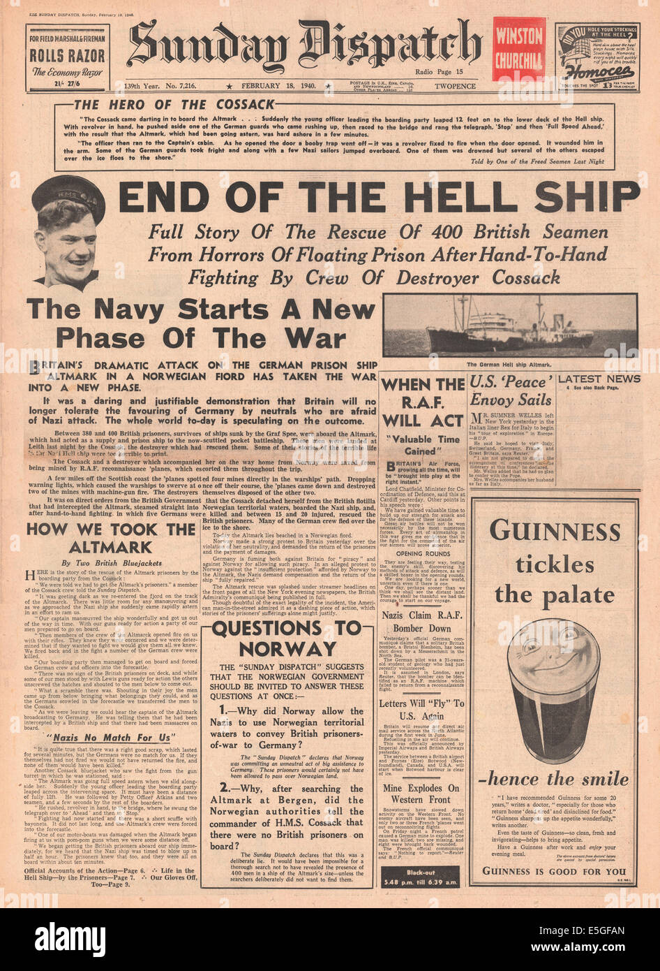 1940 Sunday Dispatch front page reporting rescue of British sailors on ...
