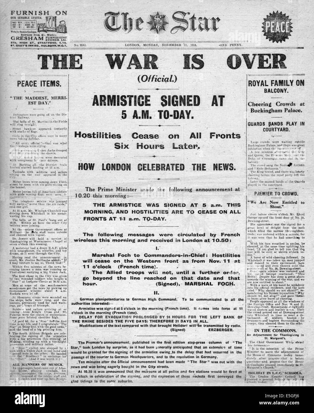 1918 The Star (London) front page reporting the Armistice and End of ...
