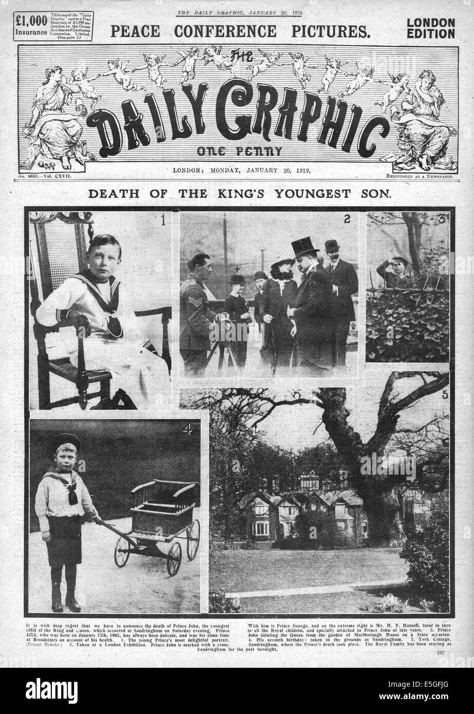 1919 Daily Graphic front page reporting the Death of Prince John Stock ...