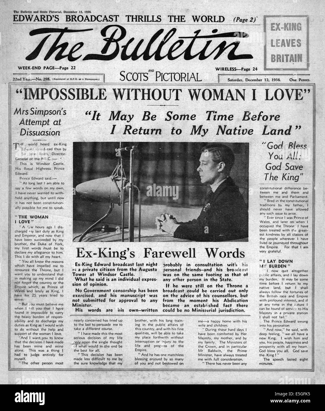 1936 The Bulletin front page reporting abdication of King Edward VIII ...