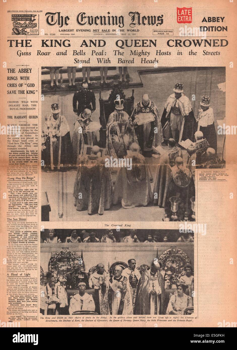 1937 The Evening News front page reporting coronation of King George VI ...
