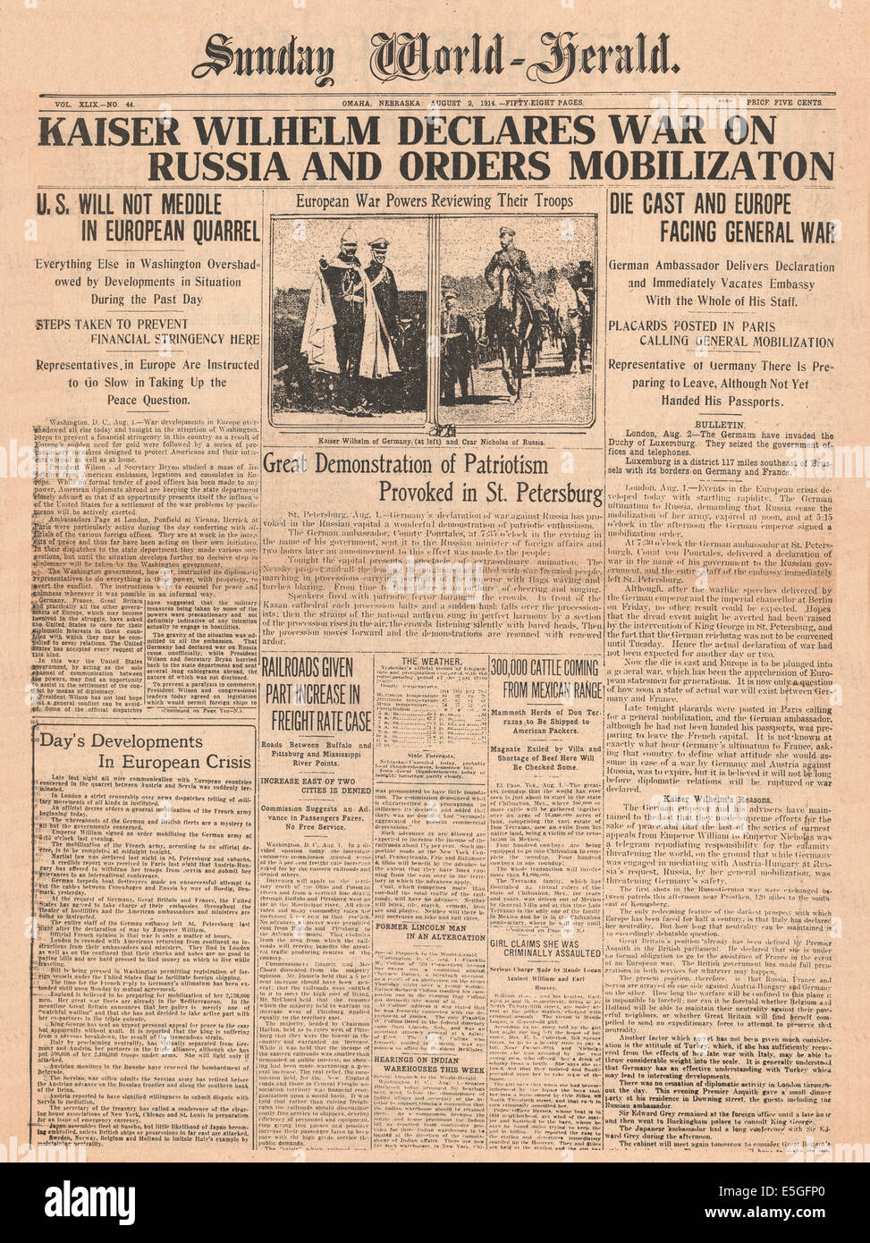 1914 Sunday World-Herald (USA) front page reporting Germany's ...