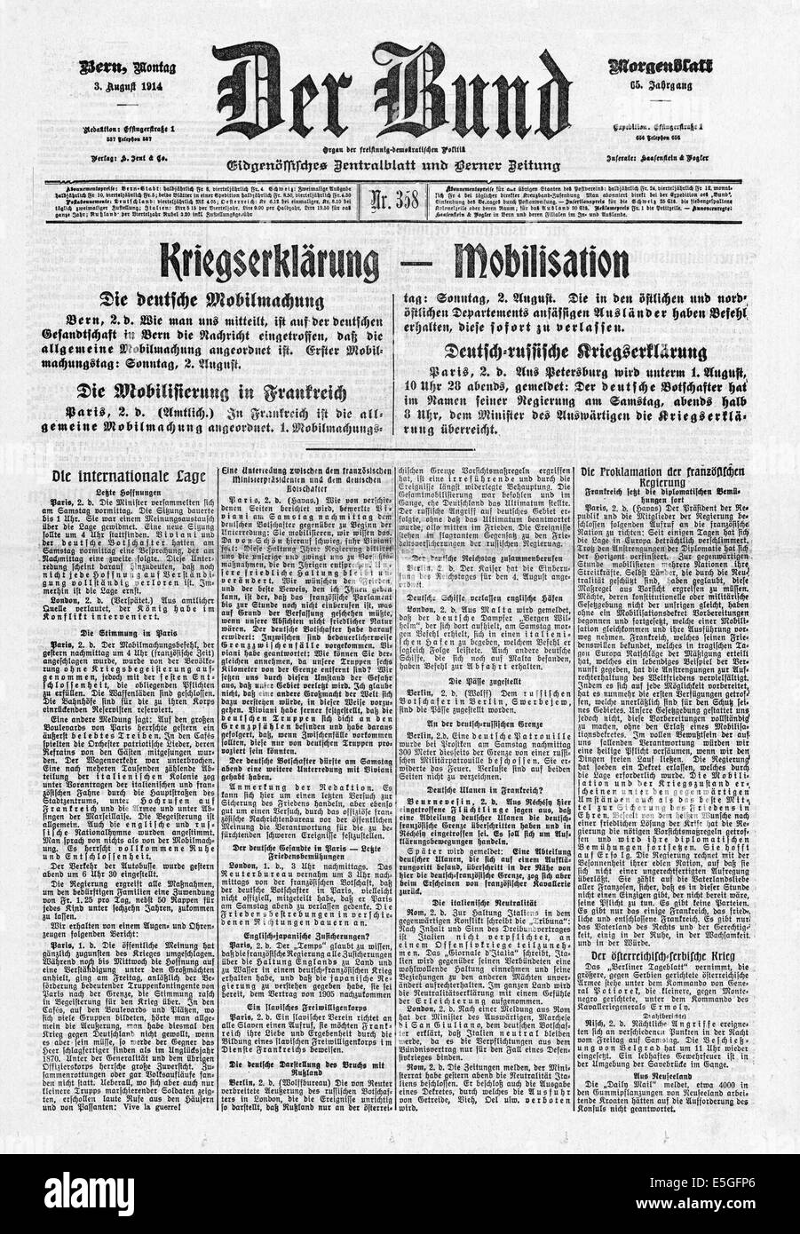1914 Der Bund (Switzerland) front page reporting Germany's declaration ...