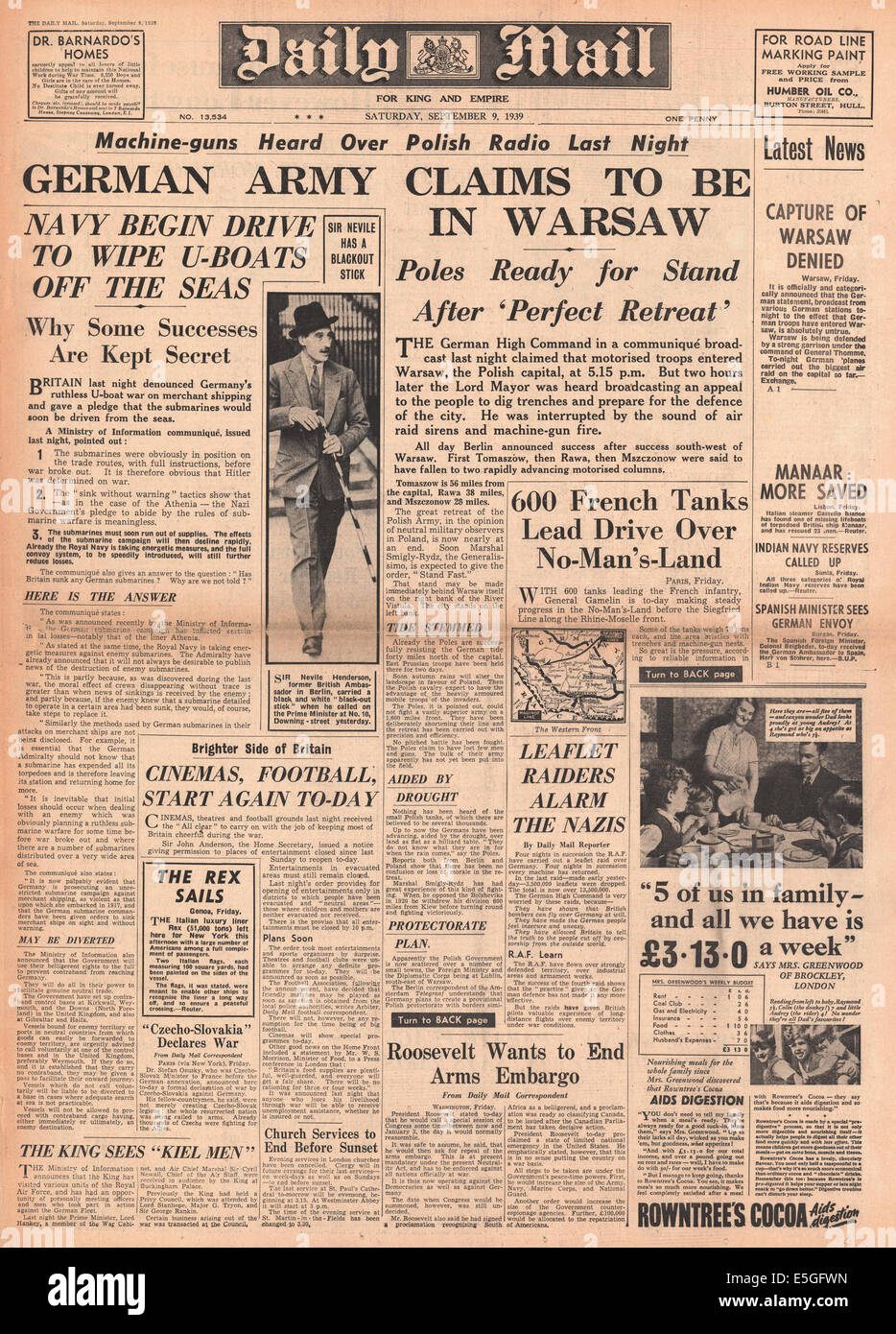 1939 Daily Mail front page reporting German High Command claim and the ...
