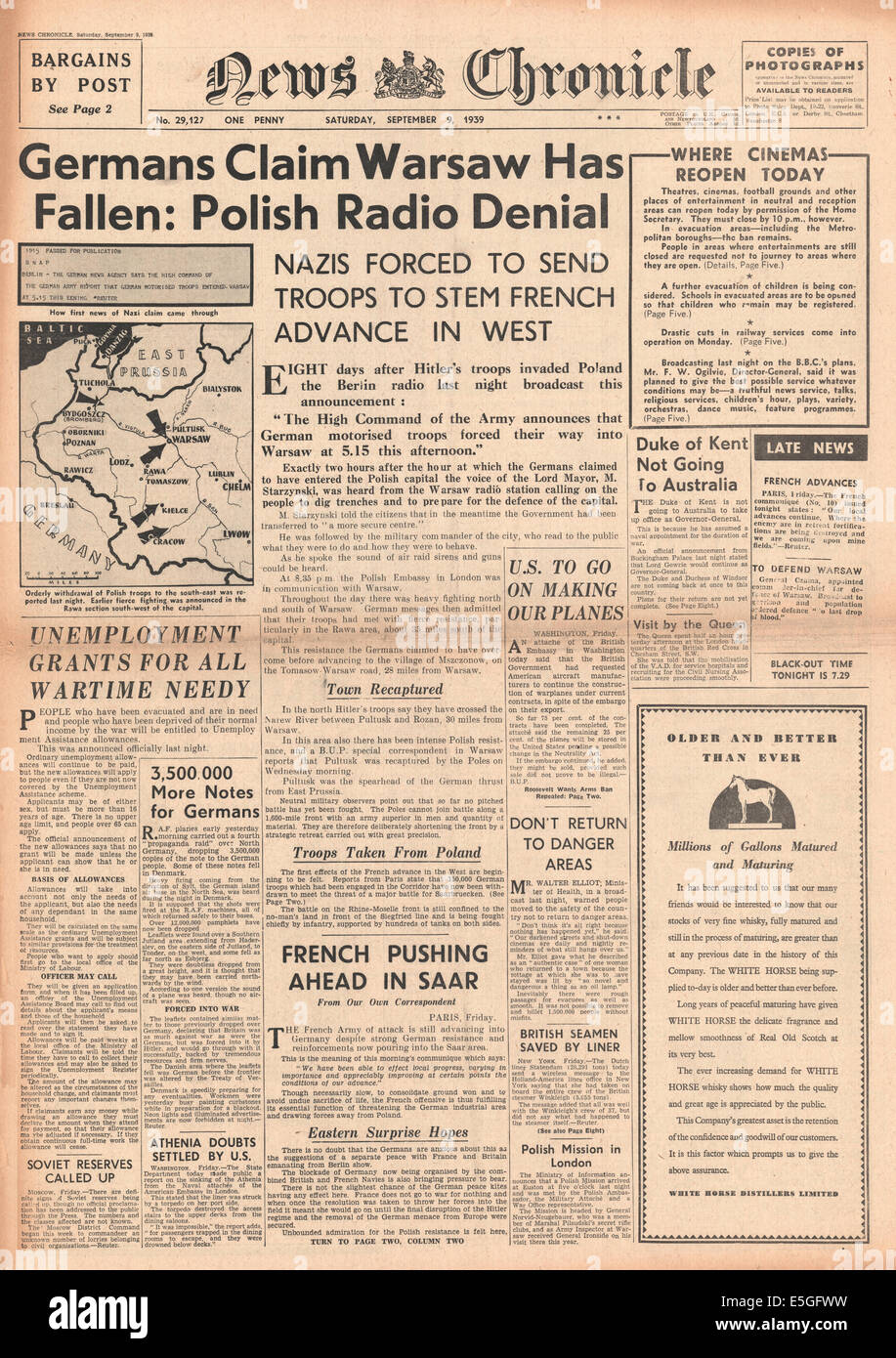 1939 News Chronicle front page reporting German High Command claim and ...