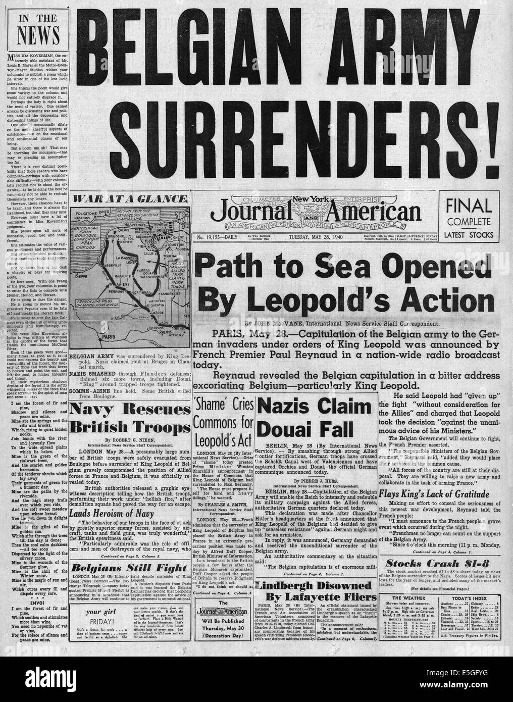 1940 New York Journal American front page reporting Belgium and King ...