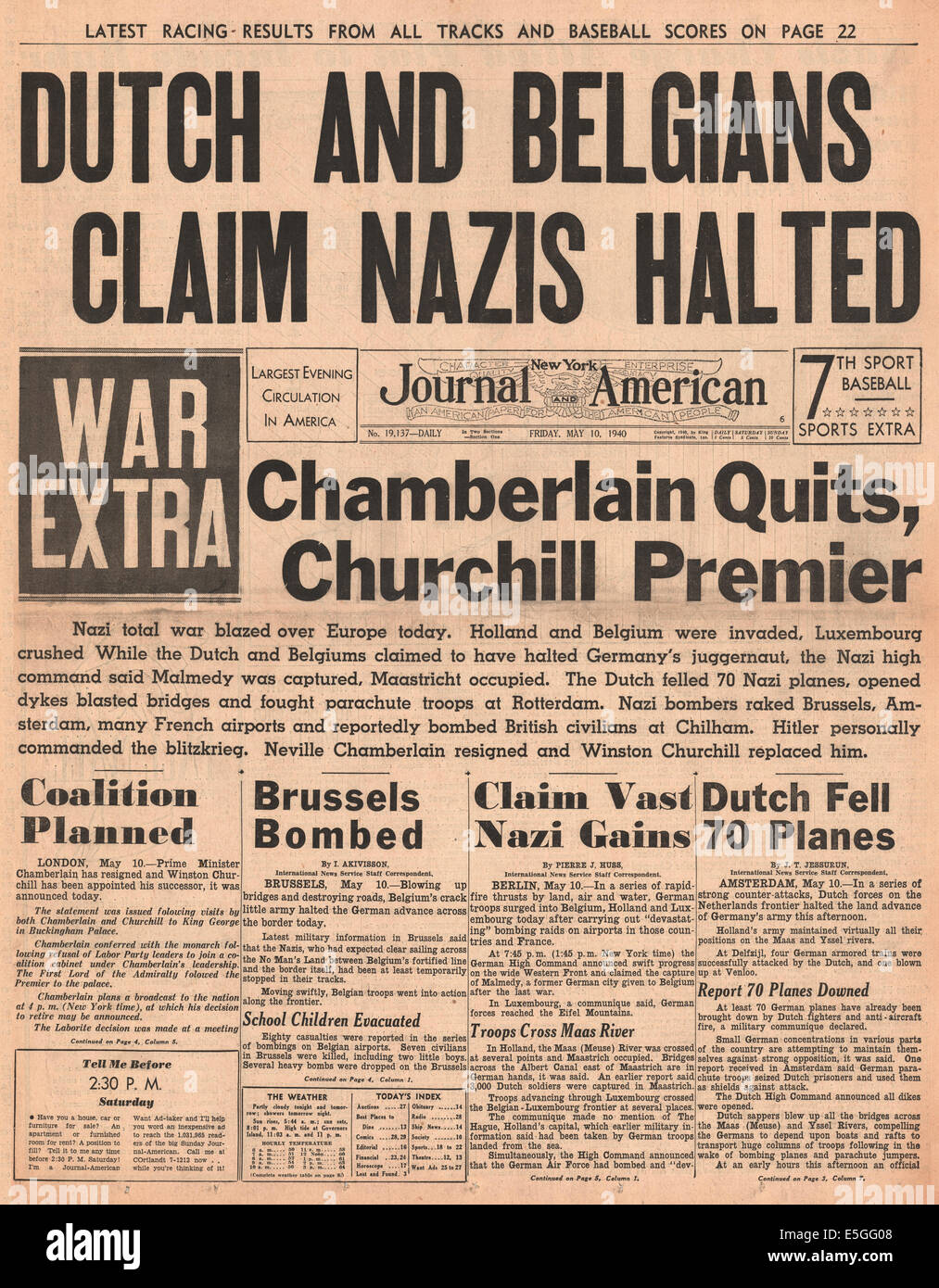 1940 New York Journal American front page reporting Neville Chamberlain ...