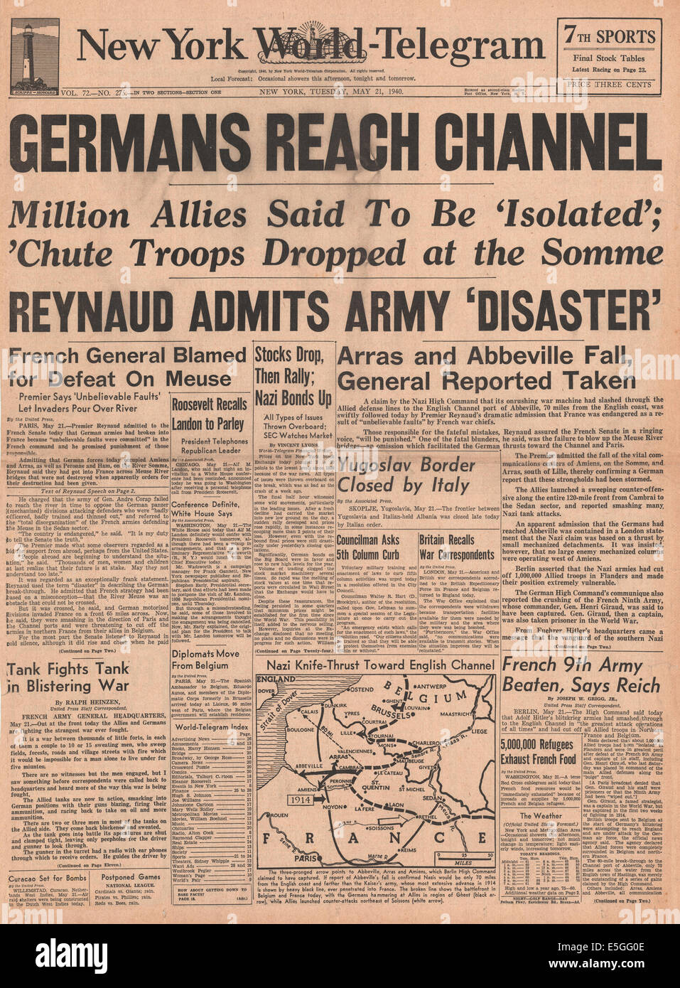 1940 New York World-Telegram front page reporting German Army reaches ...