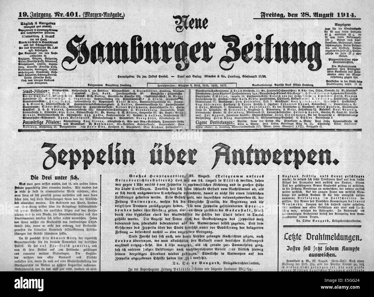 1914 Neue Hamburger Zeitung (Germany) front page reporting Zeppelin ...