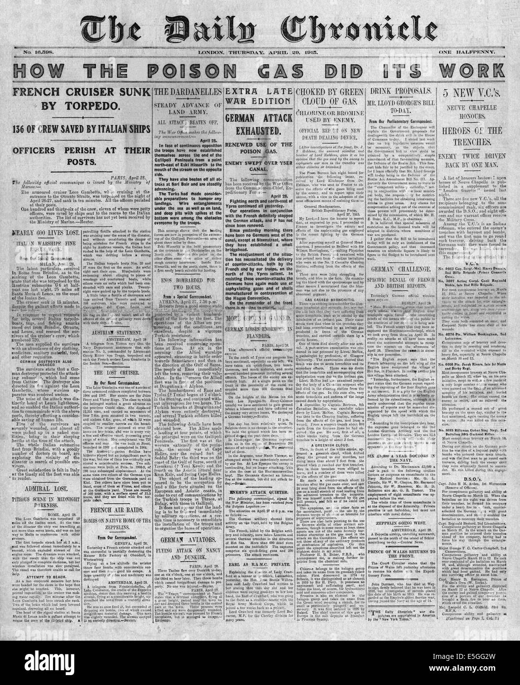1915 Daily Chronicle front page reporting the use of poison gas by ...