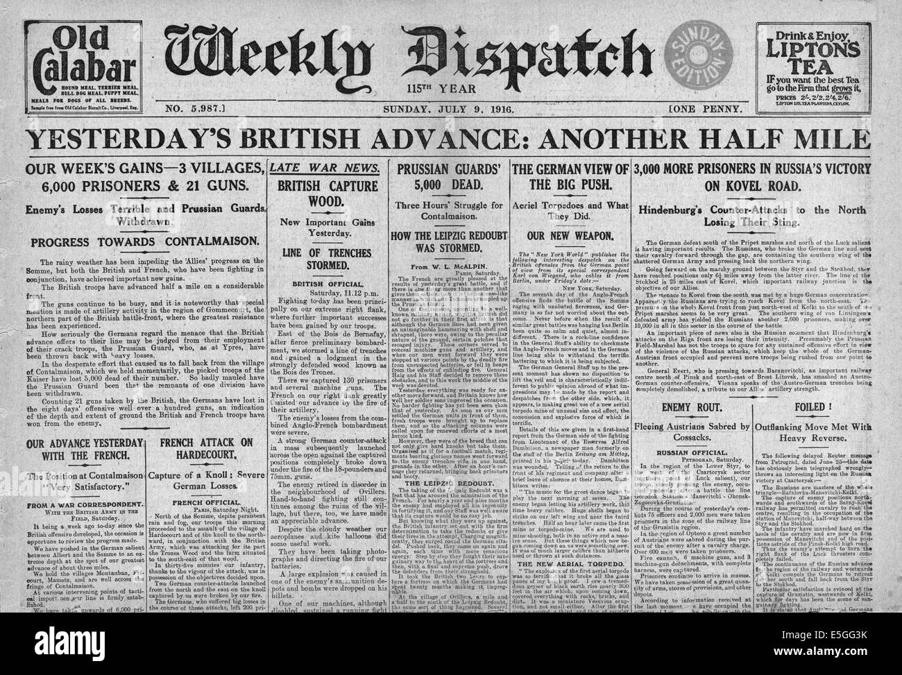 1916 Weekly Dispatch front page reporting the British Army advance ...