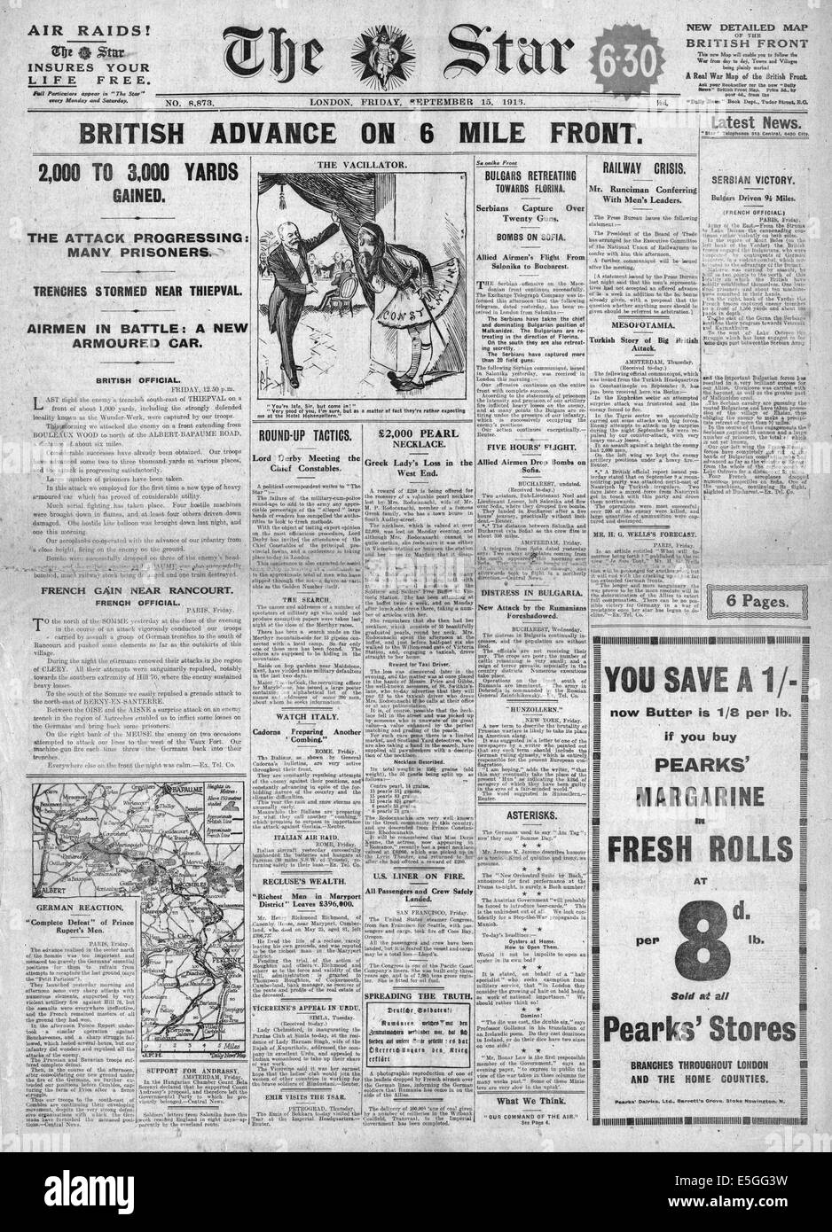 1916 The Star (London) front page reporting the British Army advance ...