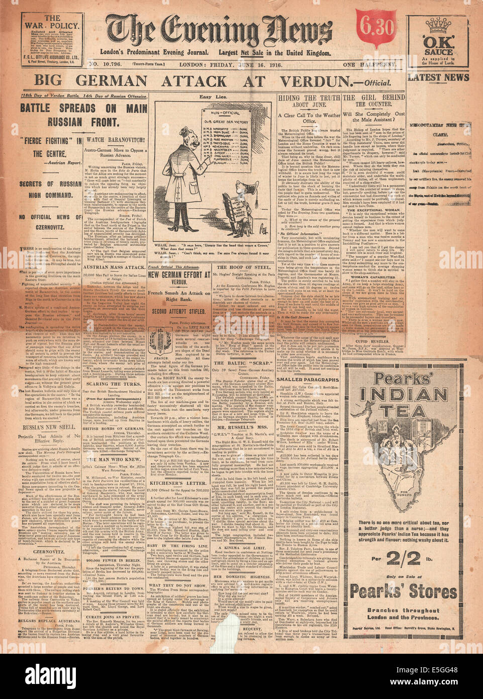 1916 Evening News front page reporting German army attack at Verdun ...
