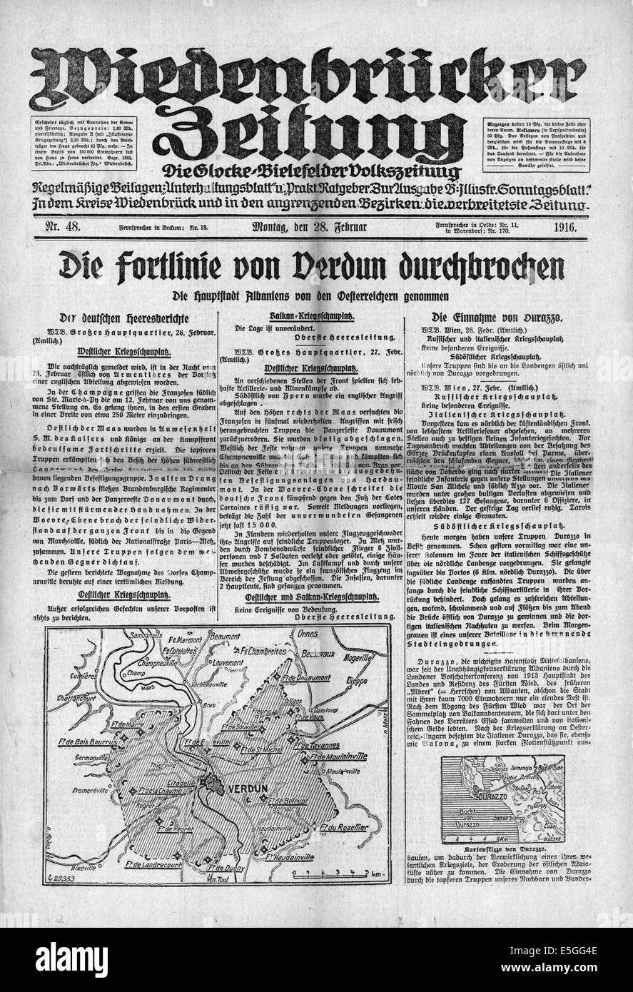 Wiedenbrucke Zeitung (Germany) front page reporting battle of Verdun ...