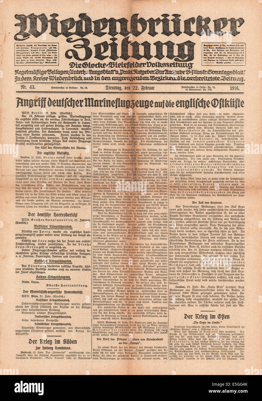 Wiedenbrucke Zeitung (Germany) front page reporting German naval ...