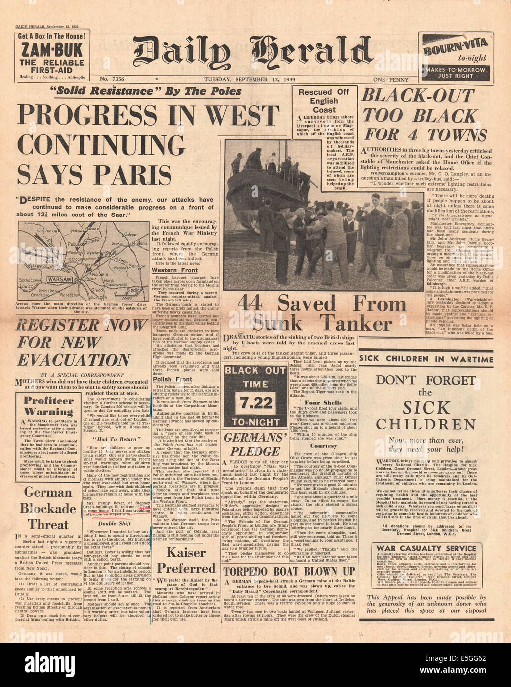 1939 Daily Herald front page reporting general war news and U-boat ...