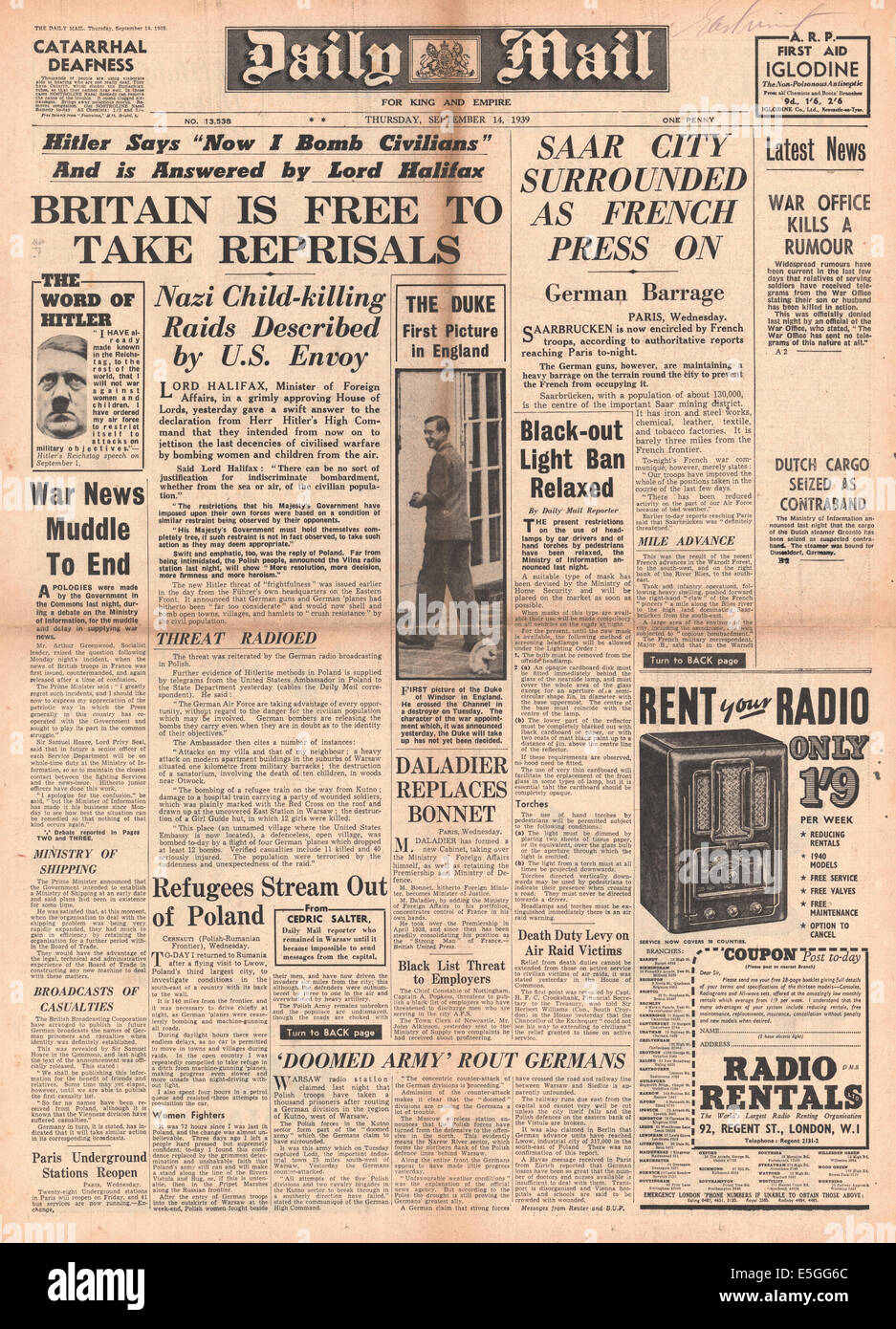 Britain germany war 1939 newspaper hi-res stock photography and images ...