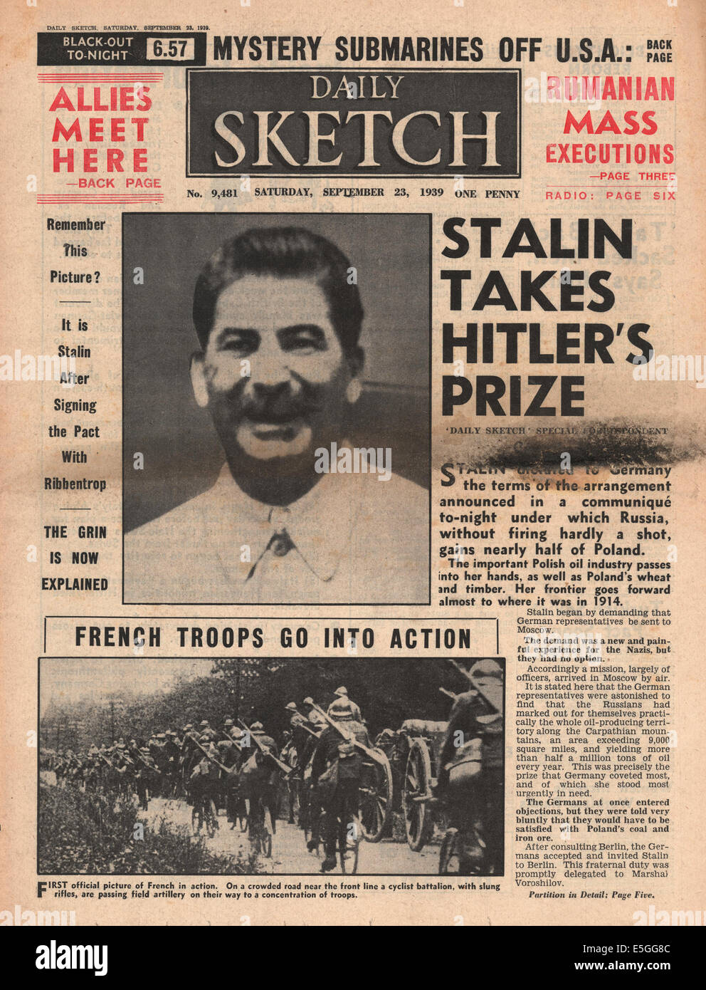 1939 Daily Stalin front page reporting Soviet Union occupies half of ...