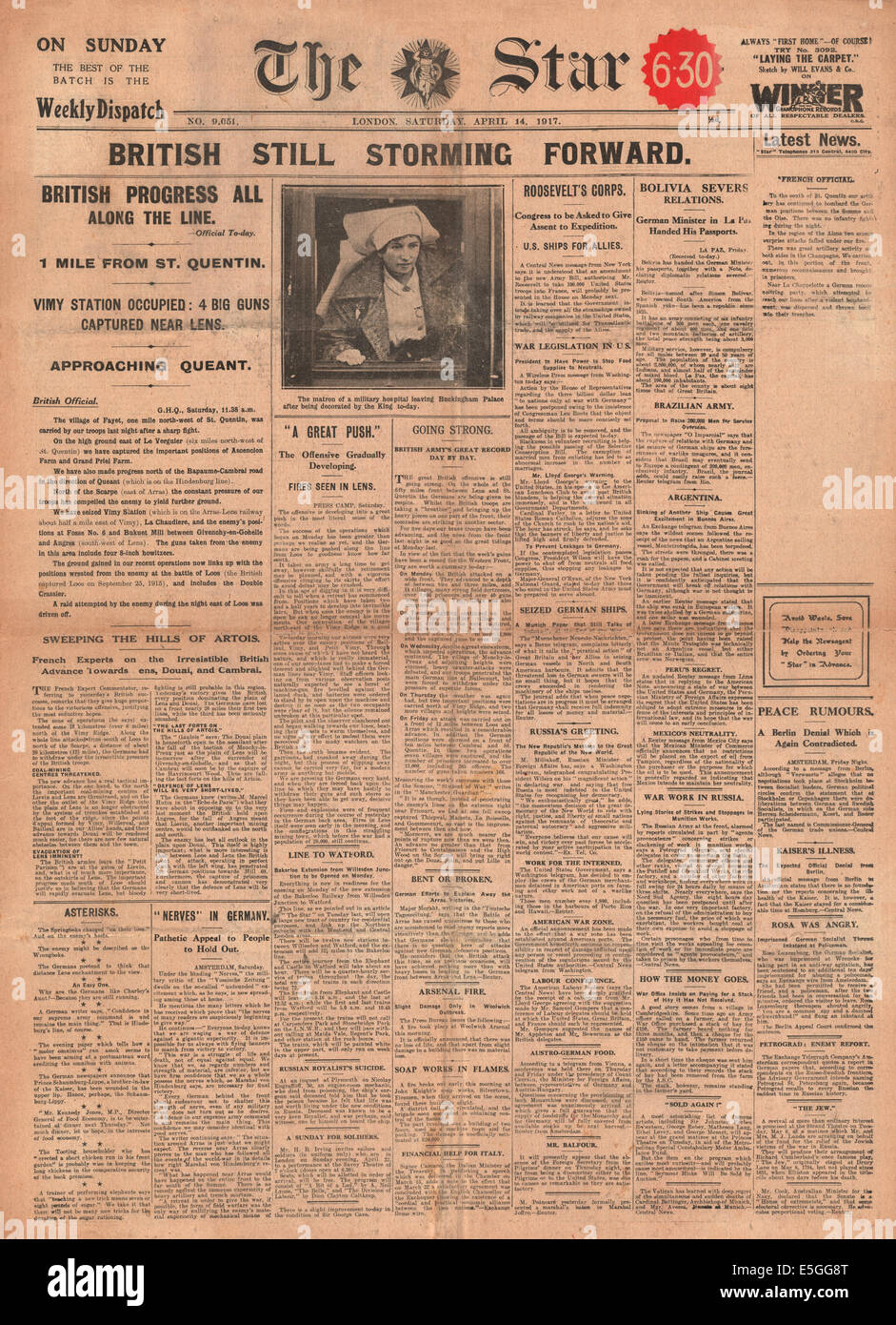 1917 The Star (London) front page reporting British advance along the ...