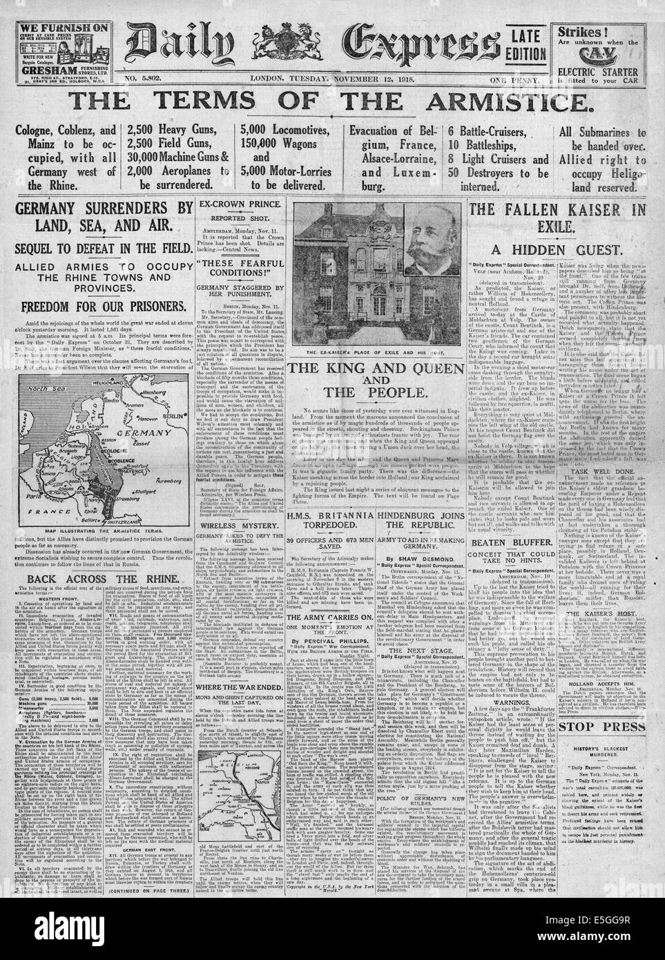 1918 Daily Express front page reporting Germany's surrender and the end ...