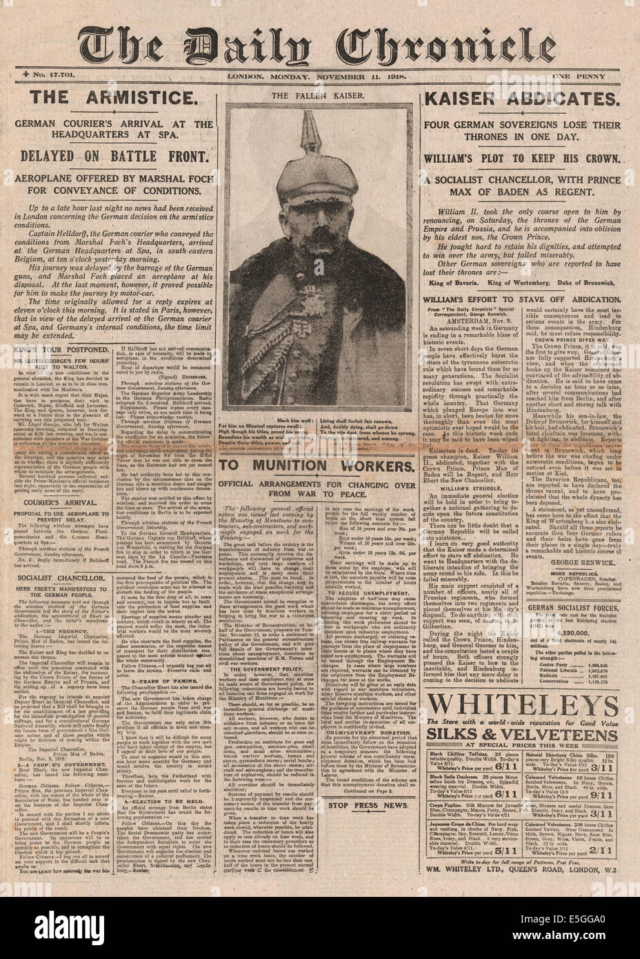 1918 Daily Chronicle front page reporting the Armistice, Germany's ...