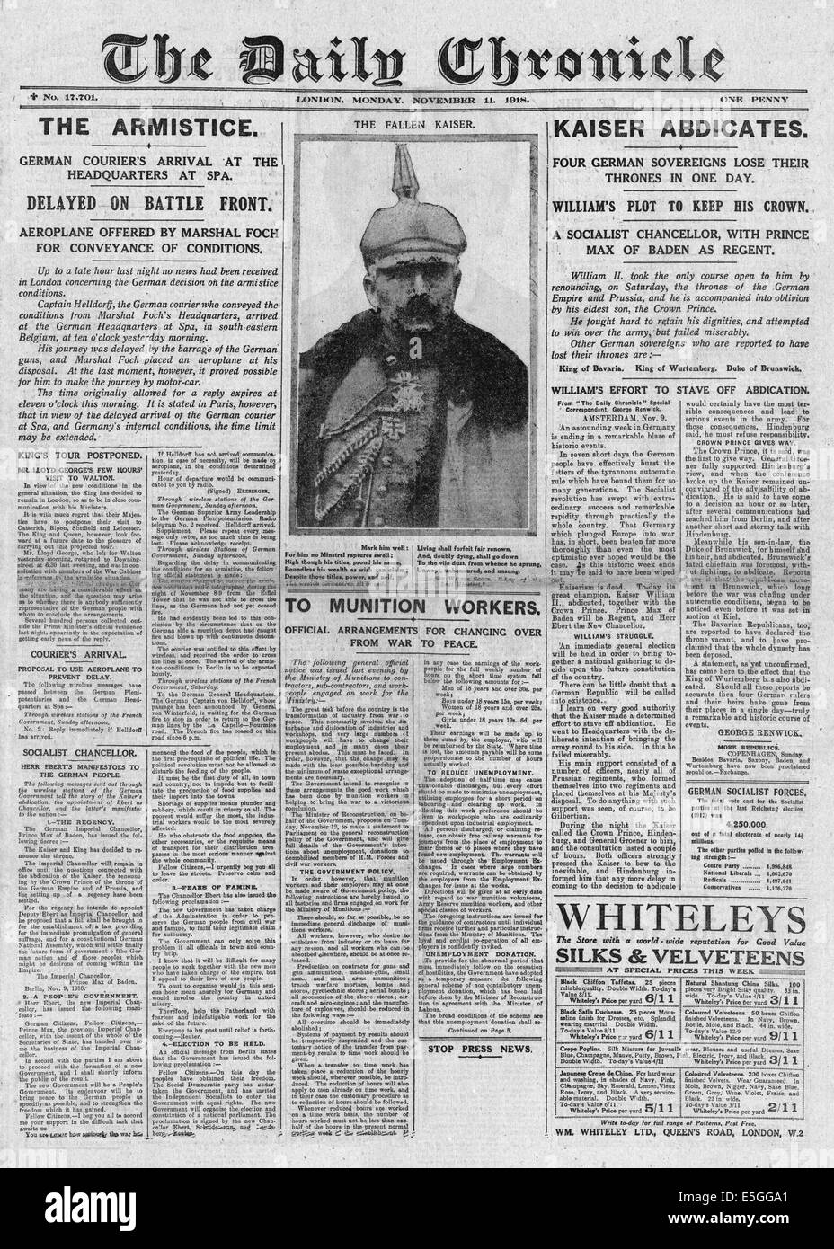 1918 Daily Chronicle front page reporting the Armistice, Germany's ...