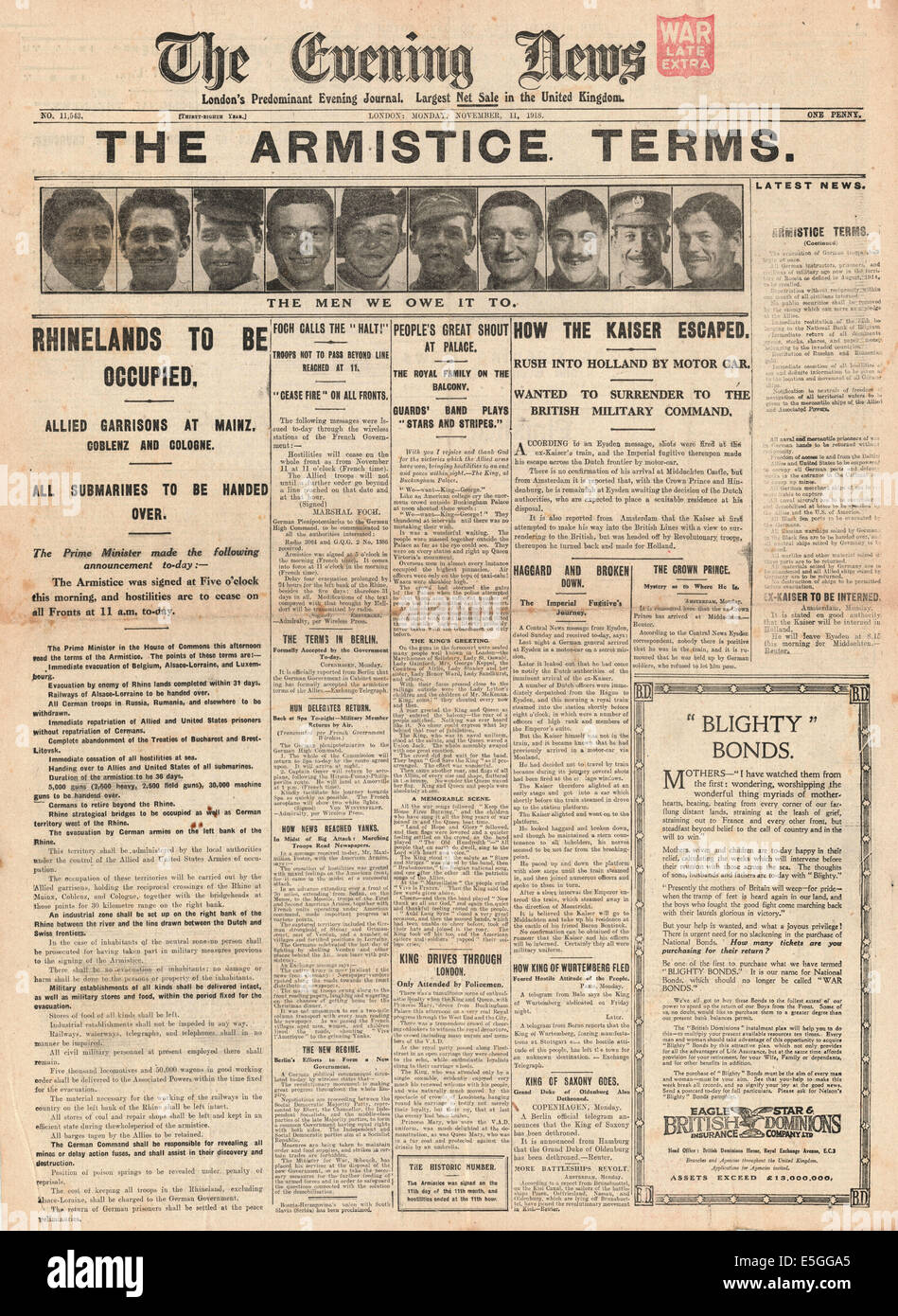 1918 Evening News (London) Late edition front page reporting the terms ...