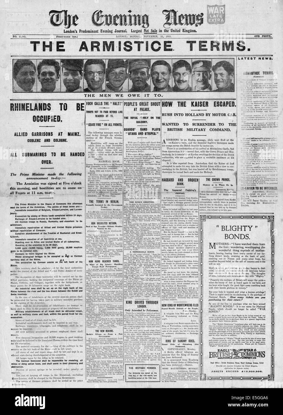 1918 Evening News (London) Late edition front page reporting the terms ...