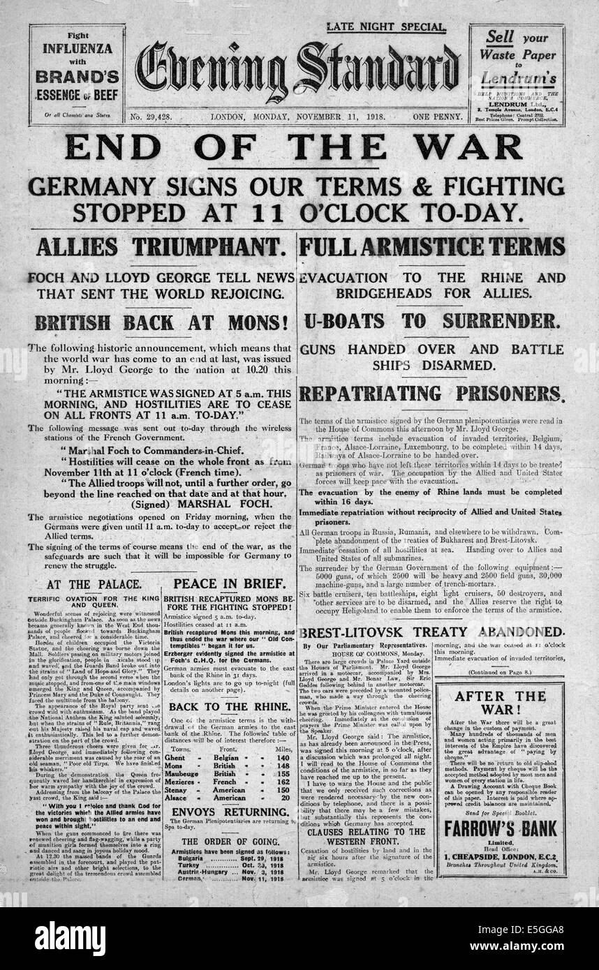 1918 Evening Standard (London) front page reporting the Armistice and ...