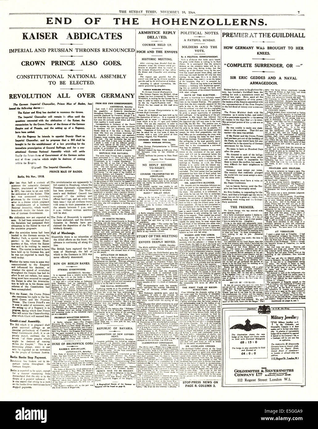 1918 Sunday Times page reporting the Abdication of Kaiser Wilhelm II ...
