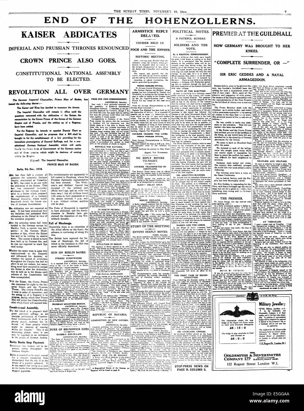 1918 Sunday Times page reporting the Abdication of Kaiser Wilhelm II ...